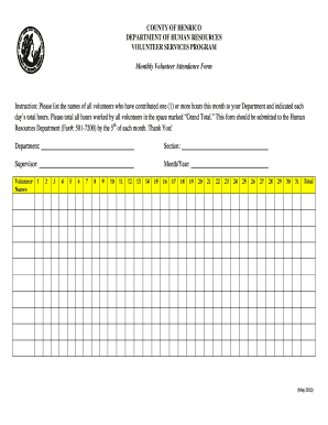 Fillable Online Monthly Attendance Form for Multiple Volunteers Fax ...