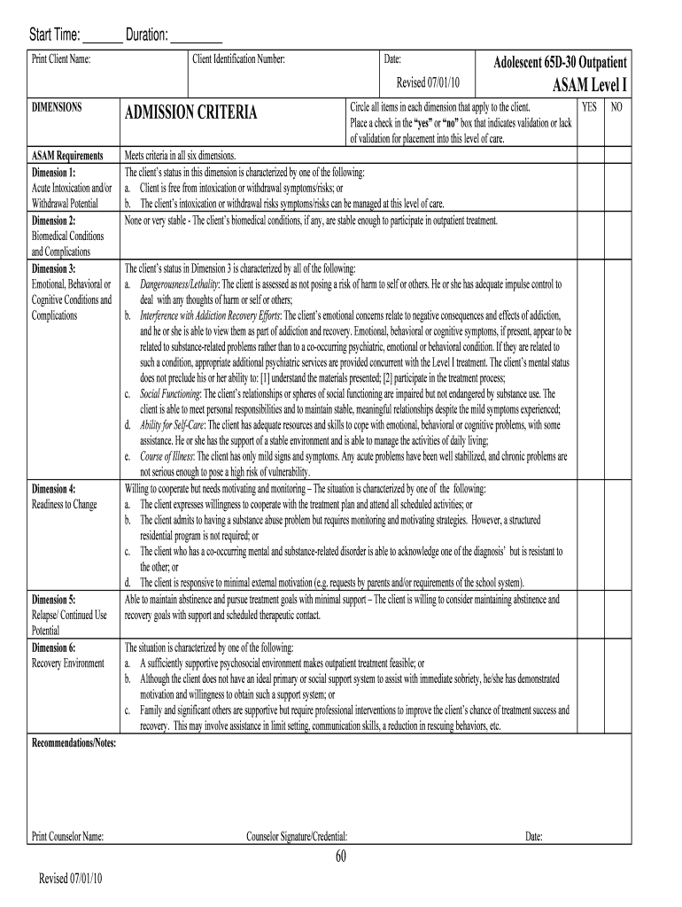 Fillable Online intranet spbh Adolescent 65D-30 Outpatient ASAM Level I ...