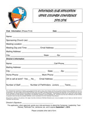 Fillable Online PATHFINDER CLUB APPLICATIONPATHFINDER CLUB APPLICATION ...