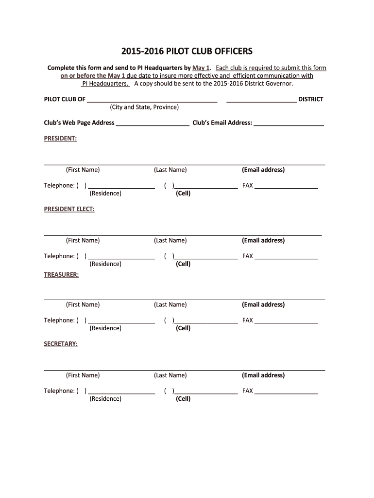Fillable Online pilotinternational 2015-2016 PILOT CLUB OFFICERS Fax ...