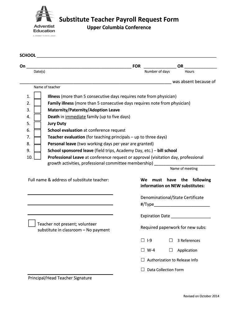 Fillable Online Substitute Teacher Payroll Request Form Fax Email Print ...