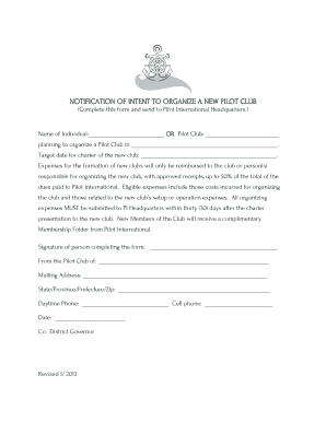 Fillable Online pilotinternational NOTIFICATION OF INTENT TO ORGANIZE A ...