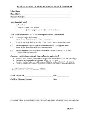 Fillable Online INFANT FEEDING SCHEDULE AND PARENT AGREEMENT Fax Email ...