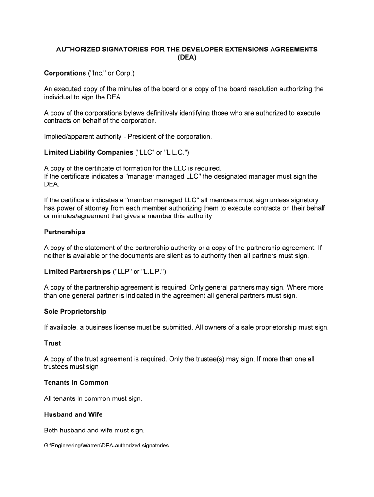 Fillable Online AUTHORIZED SIGNATORIES FOR THE DEVELOPER EXTENSIONS AGREEMENTS Fax Email Print ...