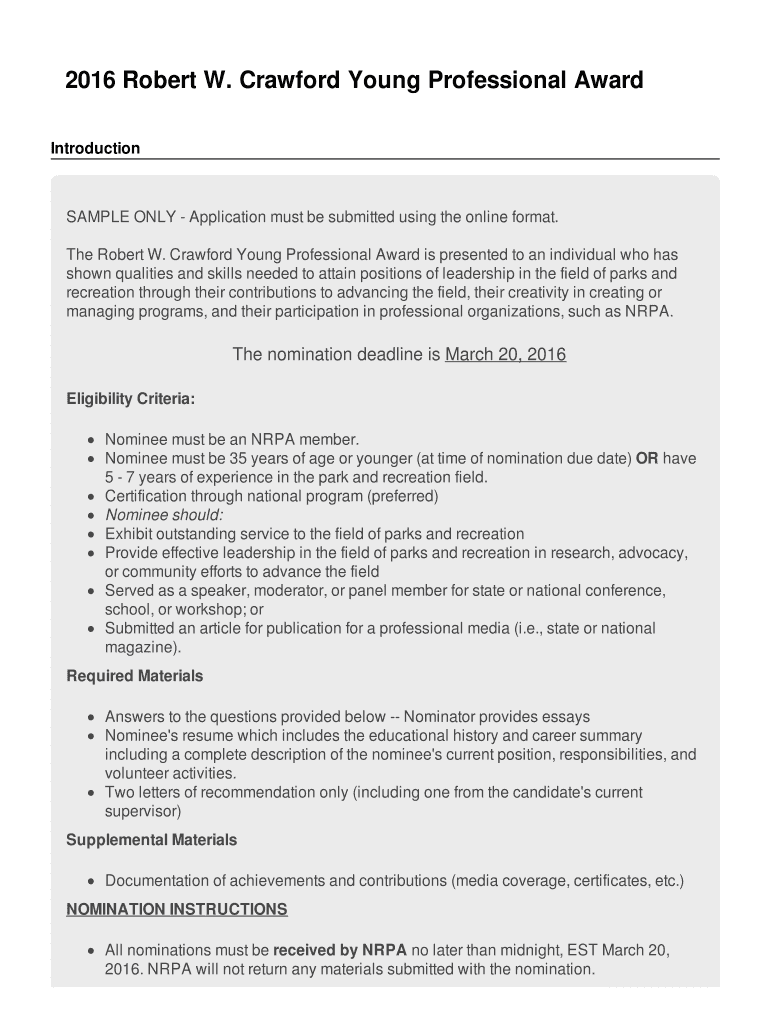 Fillable Online nrpa 2016 Robert W Crawford Young Professional Award ...