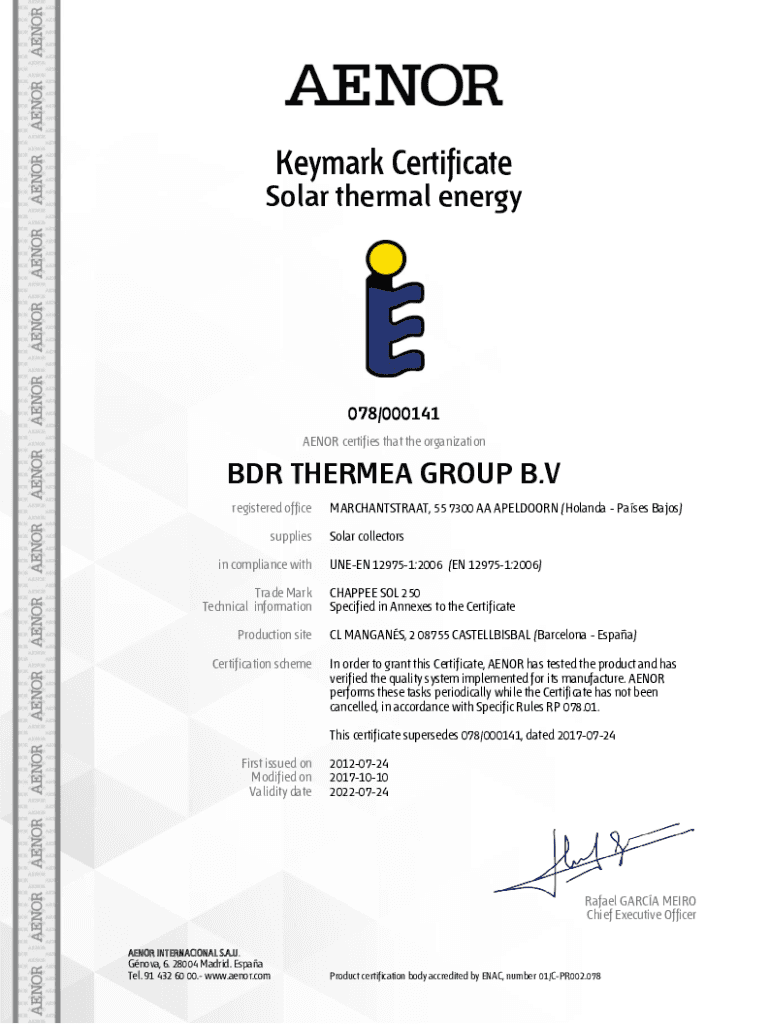 Fillable Online Keymark Certificate - BAXI Fax Email Print - pdfFiller