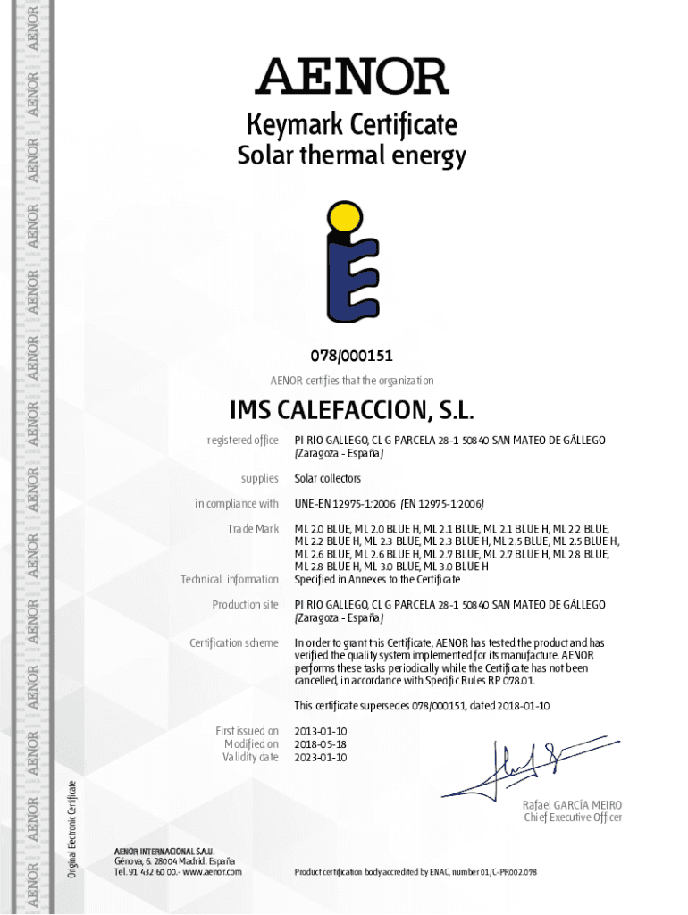 Fillable Online Keymark Certificate - Solar thermal energy Fax Email ...