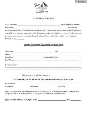 Fillable Online URGENT VETERINARY TREATMENT AUTHORIZATION Fax Email ...