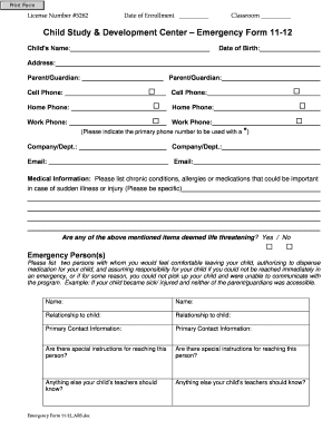 Fillable Online chhs unh CSDC EMERGENCY FORM - College of Health and ...