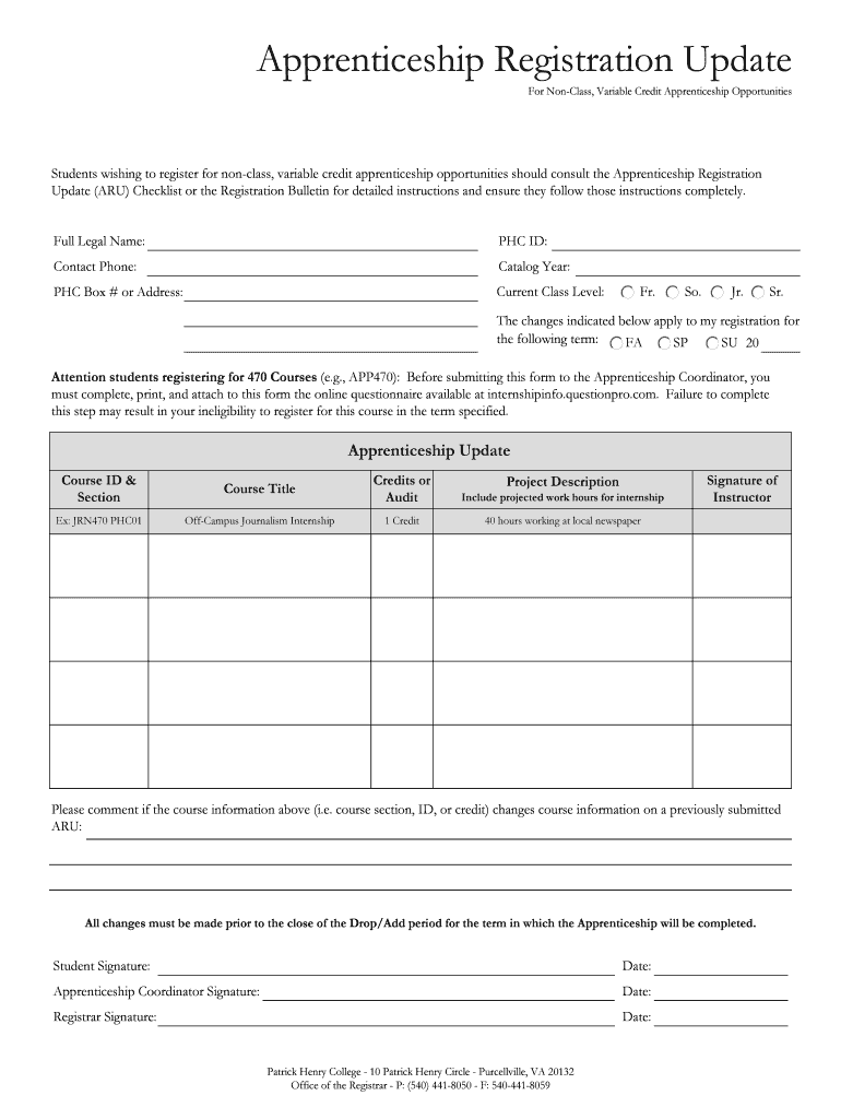 Fillable Online phc Apprenticeship Registration Update - Patrick Henry College Fax Email Print ...