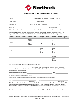 Fillable Online northark CONCURRENT STUDENT ENROLLMENT FORM ...