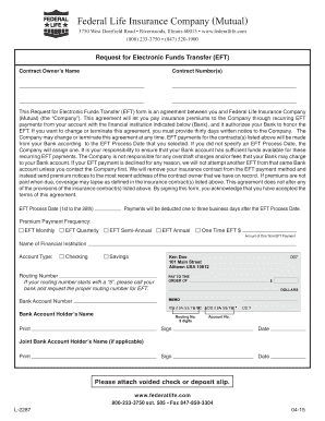 Fillable Online EFT Authorization Form L-2287 - Federal Life Insurance ...