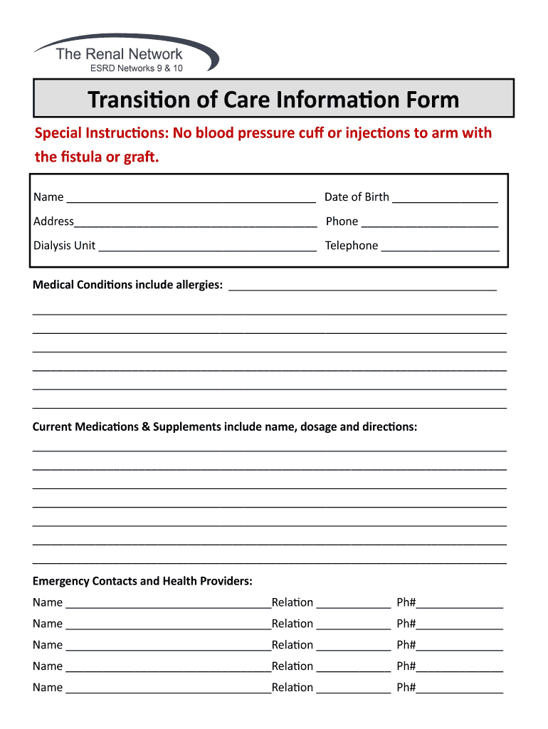 Fillable Online therenalnetwork Transition of Care Information Form - therenalnetworkorg Fax ...