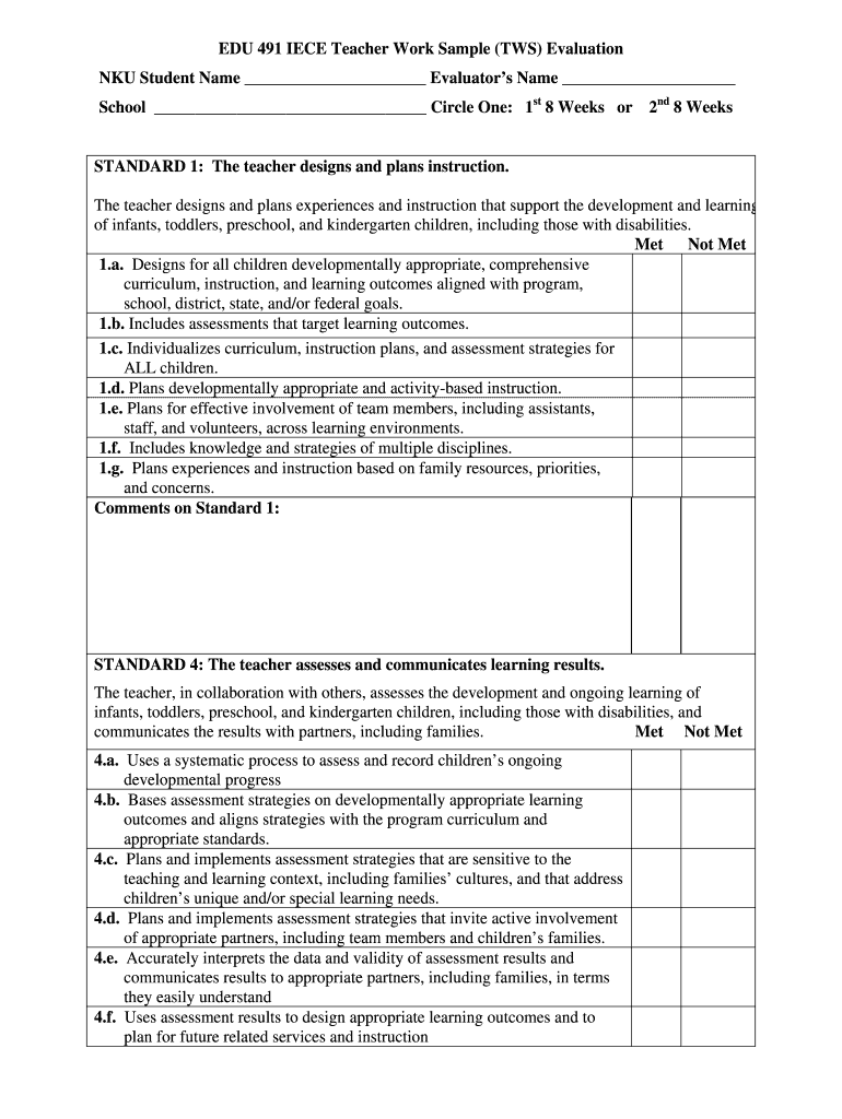 Fillable Online EDU 491 IECE Teacher Work Sample TWS Evaluation NKU Fax Email Print - pdfFiller