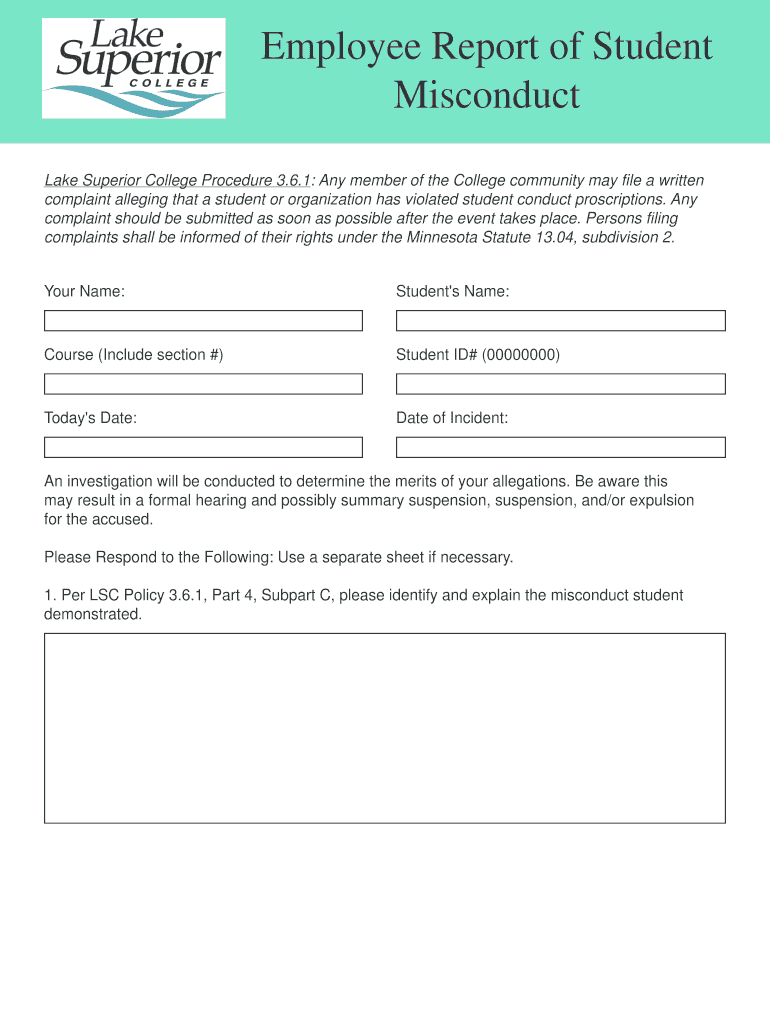 Fillable Online lsc Employee Report of Student Misconduct Fax Email ...
