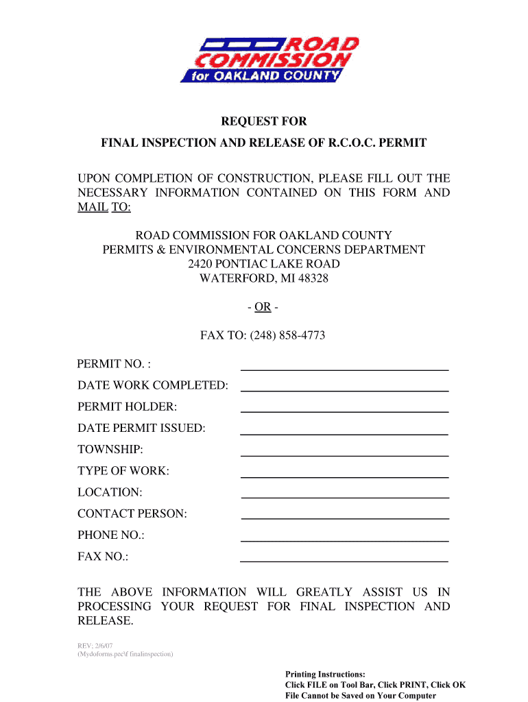 Fillable Online rcocweb REQUEST FOR FINAL INSPECTION AND RELEASE OF ...