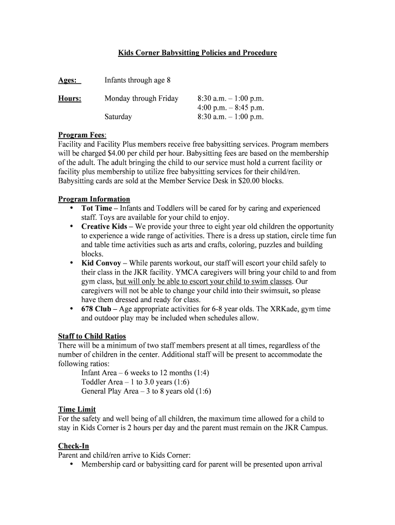 Fillable Online Kids Corner Babysitting Policies and Procedure Fax ...