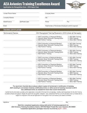 Fillable Online AEA Avionics Training Excellence Award Application for Recognition Form 2014 ...