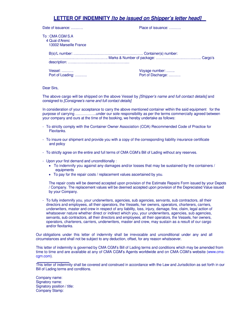 Fillable Online LETTER OF INDEMNITY to be issued on Shippers letter ...