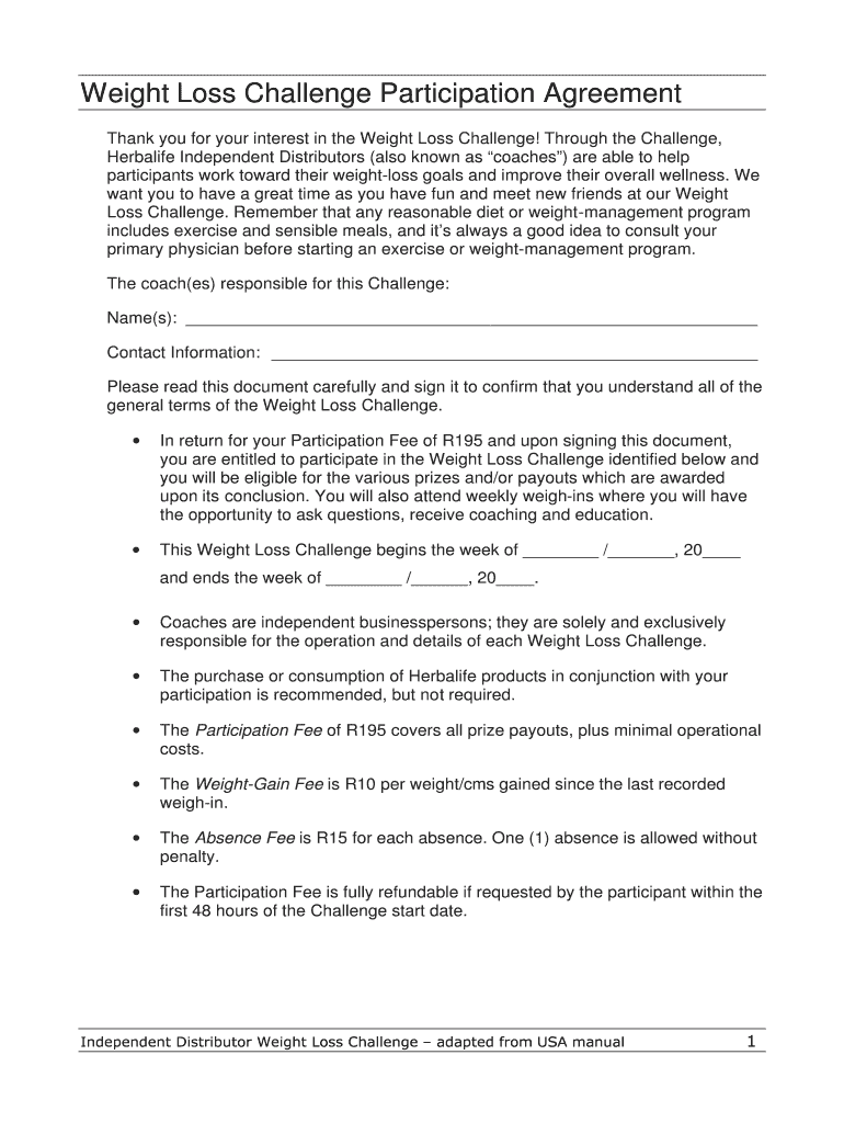 Fillable Online Weight Loss Challenge Participation Agreement Fax Email ...