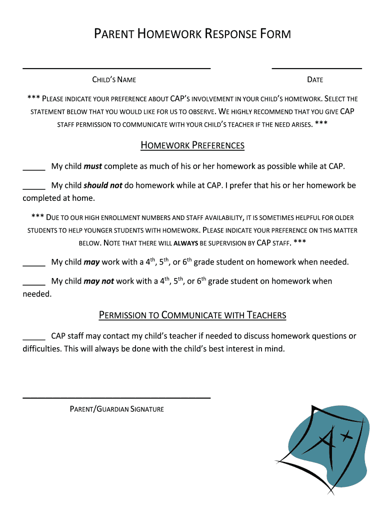 Fillable Online PARENT HOMEWORK RESPONSE FORM Fax Email Print - pdfFiller