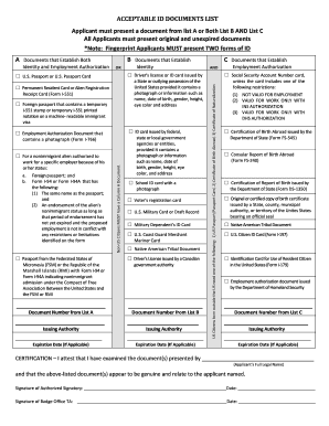 Fillable Online ACCEPTABLE ID DOCUMENTS LIST Applicant must present a ...