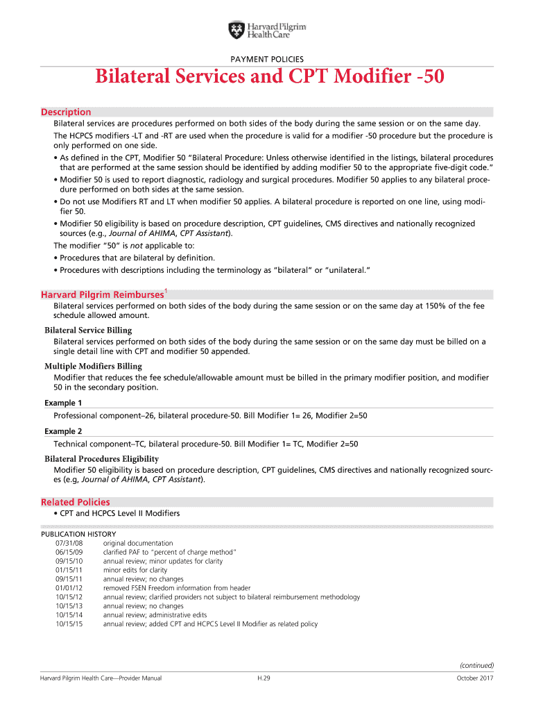 Fillable Online Bilateral Services and CPT Modifier -50 Fax Email Print ...