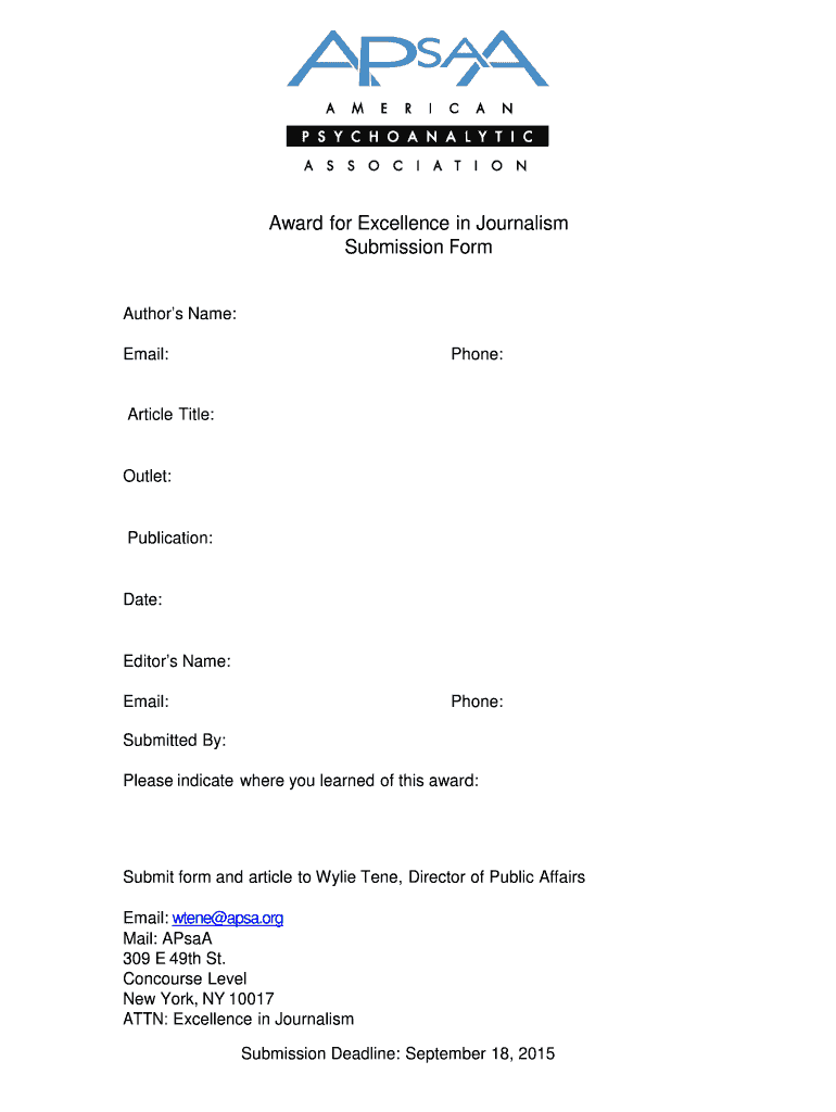 Fillable Online apsa Award for Excellence in Journalism Submission Form ...