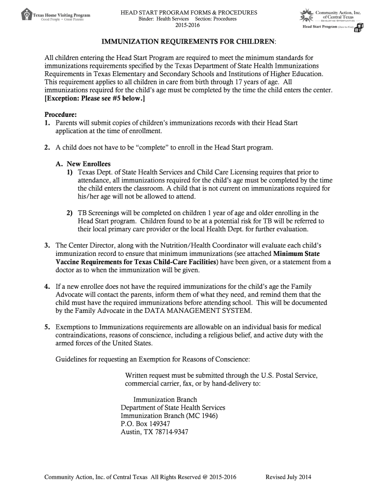 Fillable Online Immunization Requirements For Children Procedure Fax ...