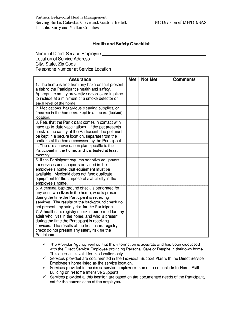 Fillable Online Health and Safety Checklist - Partners Behavioral ...