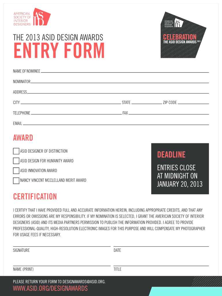 Fillable Online asid ASID Red PANTONE Black THE 2013 ASID DESIGN AWARDS ...