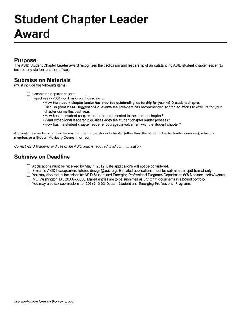 Fillable Online asid Student Chapter Leader Award - ASID Fax Email Print - pdfFiller