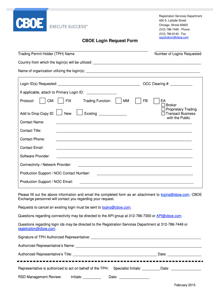 Fillable Online cboe Registrationcboecom CBOE Login Request Form Fax ...
