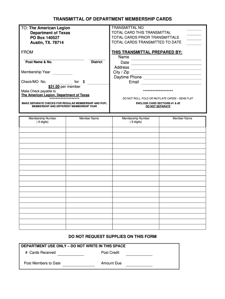 Fillable Online txlegion Transmittal form 2010 Fax Email Print - pdfFiller