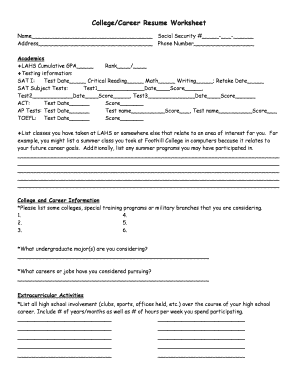 Fillable Online College/Career Resume Worksheet Fax Email Print - pdfFiller