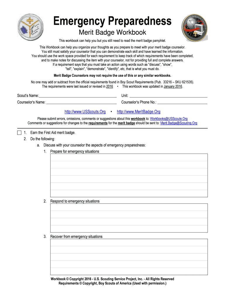 Fillable Online Emergency Preparedness Workbook - Merit badge Fax Email ...