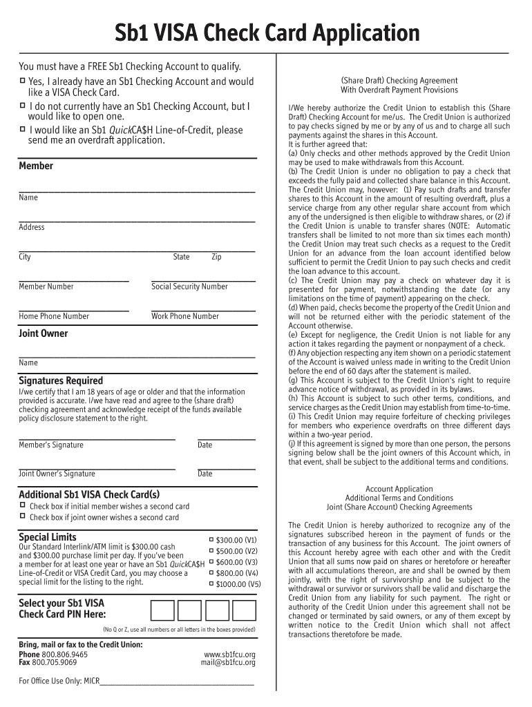 Fillable Online VISA Check Card Application - Sb1 Federal Credit Union ...