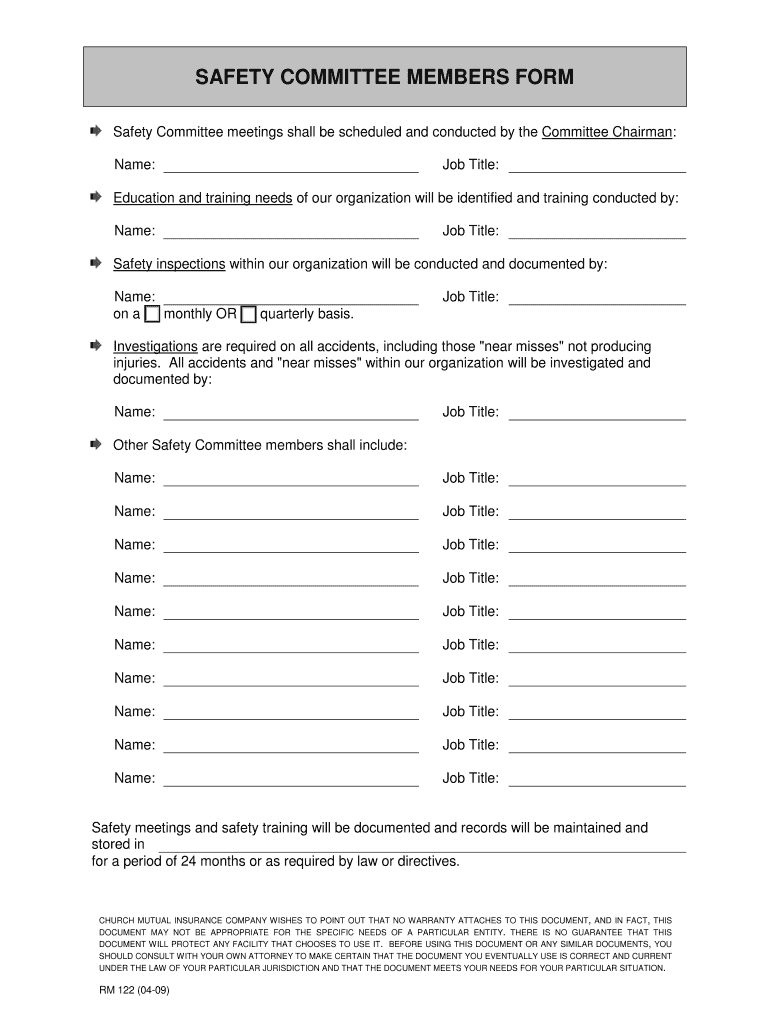 Fillable Online SAFETY COMMITTEE MEMBERS FORM - Church Mutual Insurance ...