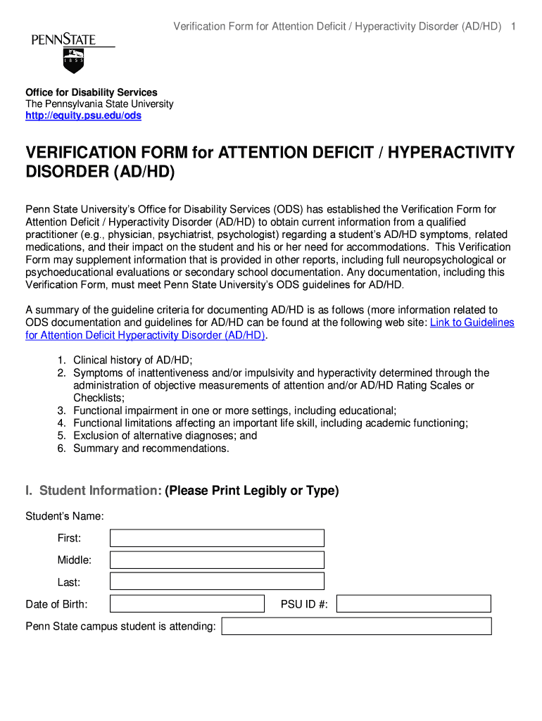 Fillable Online equity psu VERIFICATION FORM for ATTENTION DEFICIT ...