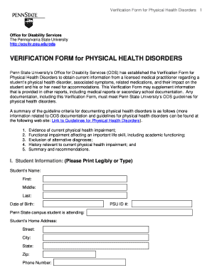 Fillable Online equity psu VERIFICATION FORM for PHYSICAL HEALTH ...