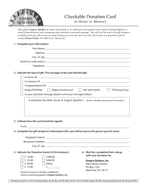 Fillable Online Charitable Donation Card EMPIRE in Honor or Memory Fax ...