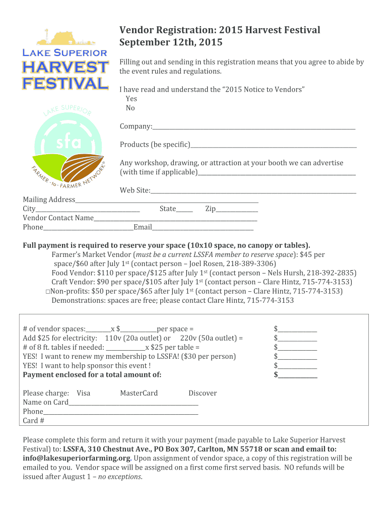 Fillable Online sfa-mn Vendor Registration: 2015 Harvest Festival ...