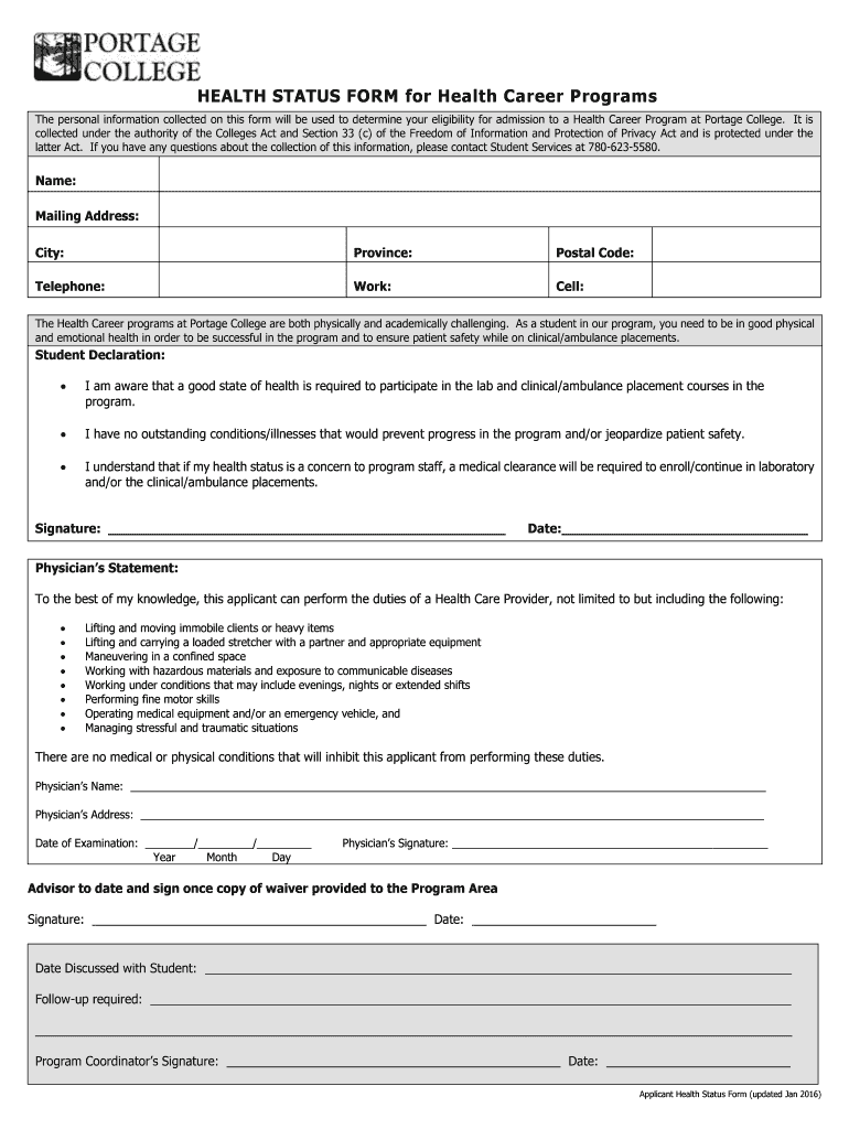 Fillable Online HEALTH STATUS FORM for Health Career Programs Fax Email ...