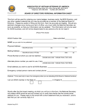 Fillable Online avva BOD Info Form Fax Email Print - pdfFiller
