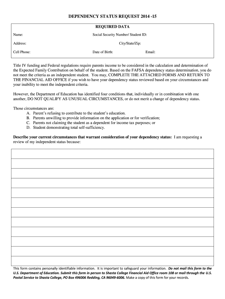 Fillable Online Request Review of Dependency Status Fax Email Print ...