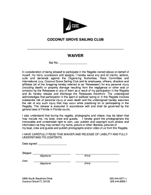 Fillable Online WAIVER - Coconut Grove Sailing Club Fax Email Print ...