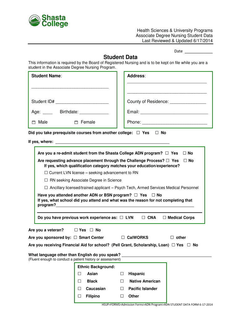 Fillable Online ADN Student Data bFormb - Shasta College Fax Email ...