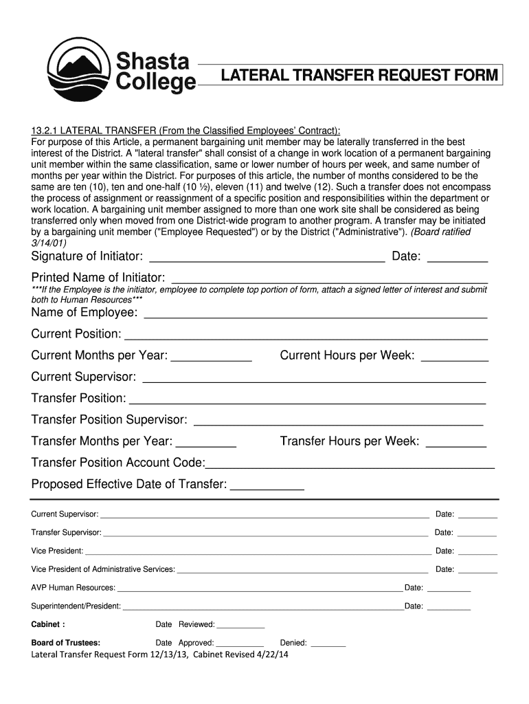 Fillable Online Lateral Transfer Request bFormb - Classified - Revised ...