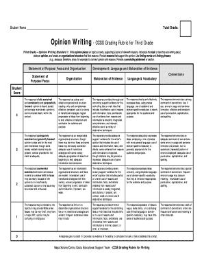 Fillable Online napacoe Opinion Writing - CCSS Grading Rubric for Third ...