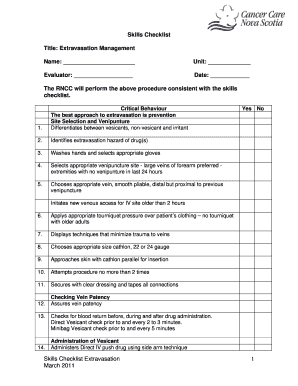 Fillable Online Skills Checklist Title Extravasation Management Name ...